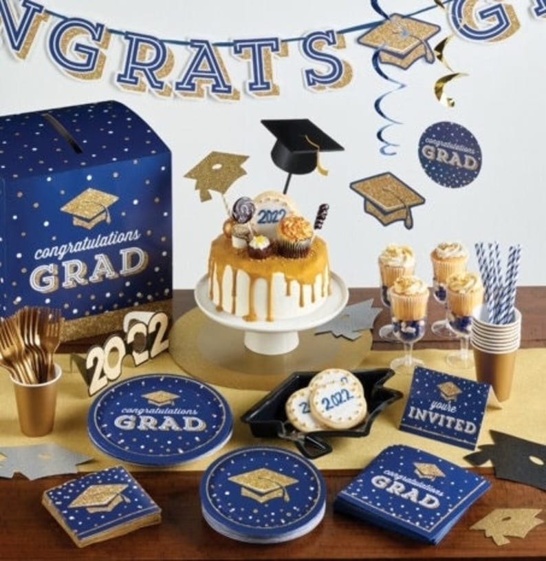 Blue & Gold Graduation Hanging Decorations, Glittering Grad Deluxe ...
