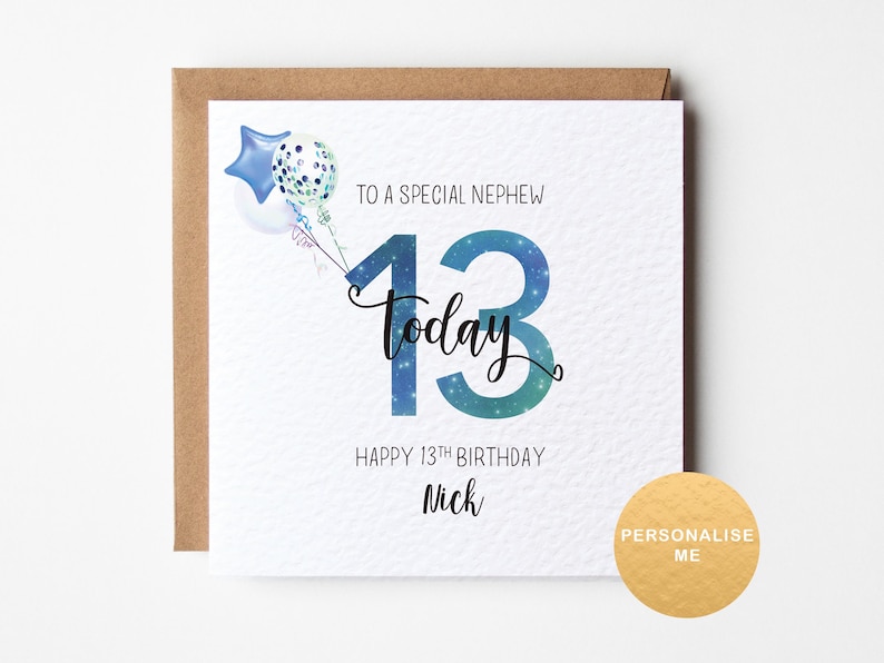 Personalised 13th Birthday Card for Him, Nephew 13th Birthday Gift, Age ...