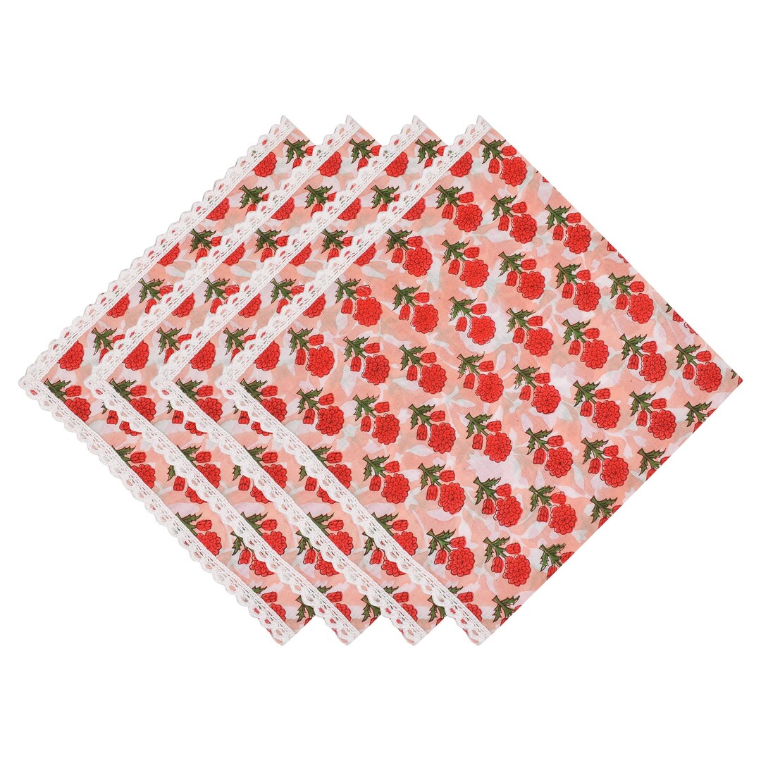 Red Hand Block Printed Napkins, Cotton Laced Napkins, Cloth Napkins ...