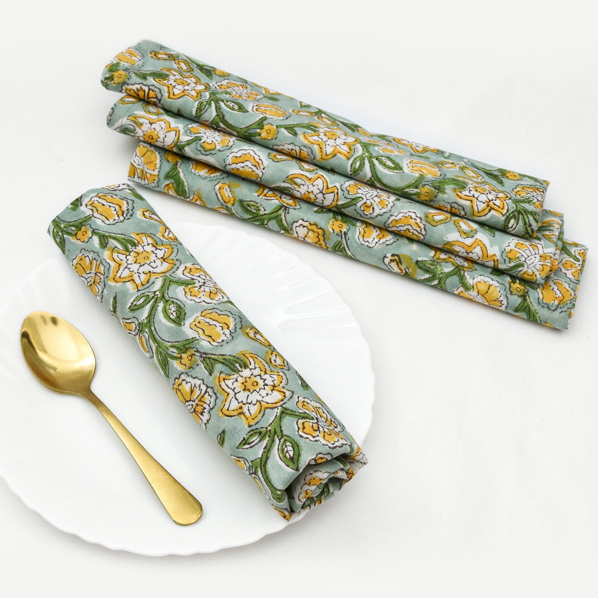 Butterscotch Yellow and Dark Green Hand Block Printed Napkins Cotton ...