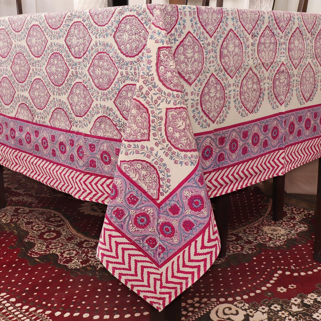 Magenta Block Printed Tablecloth, India Handmade Cotton Rectangle ...