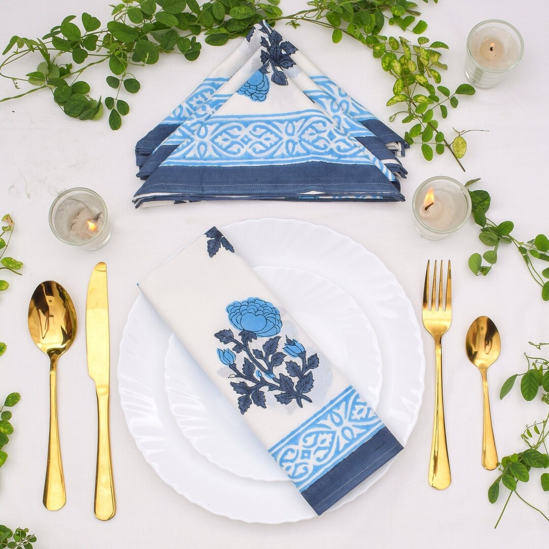 Sky and Dark Blue Block Printed Napkins, Home Decor Cotton Napkins, Set ...