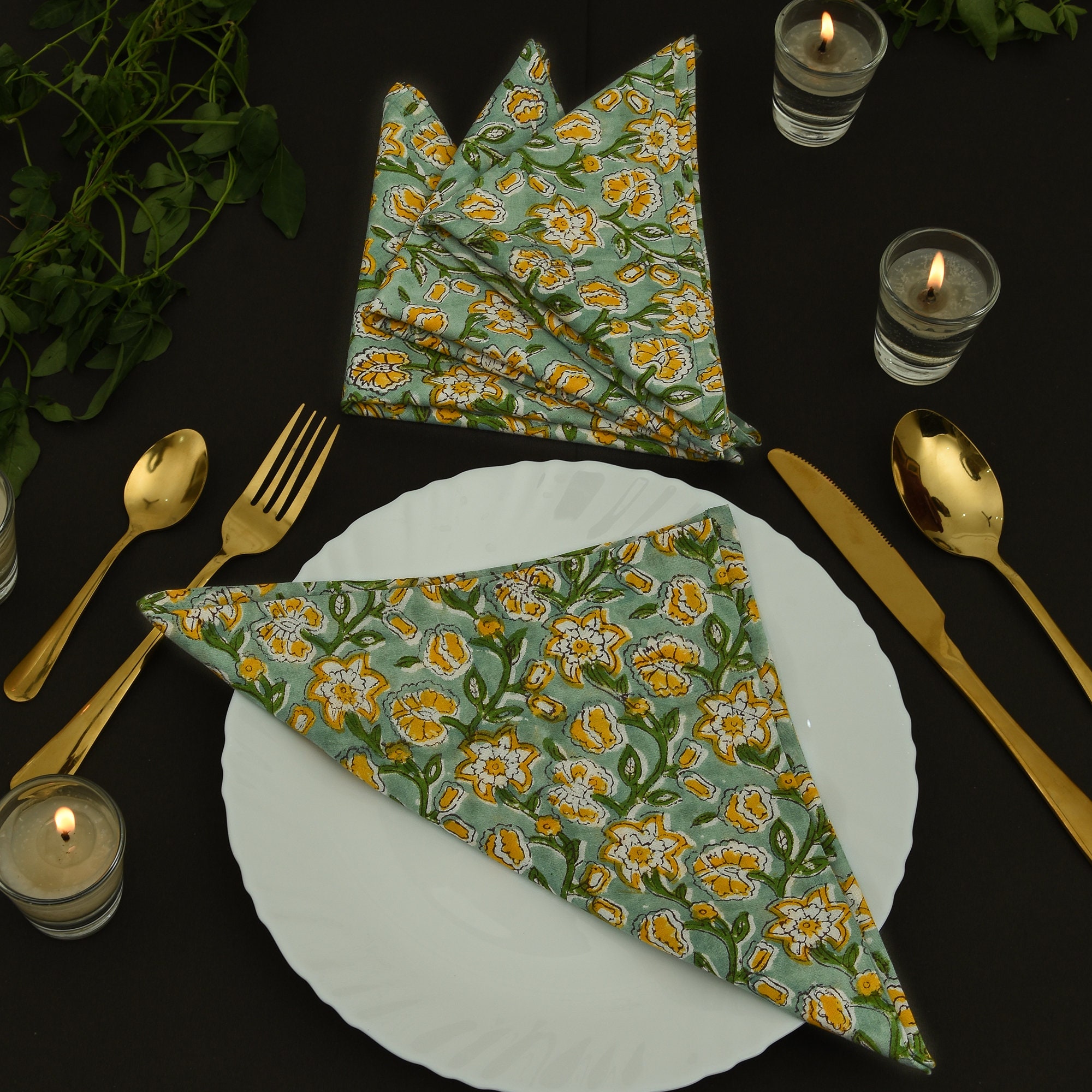Butterscotch Yellow and Dark Green Hand Block Printed Napkins Cotton ...