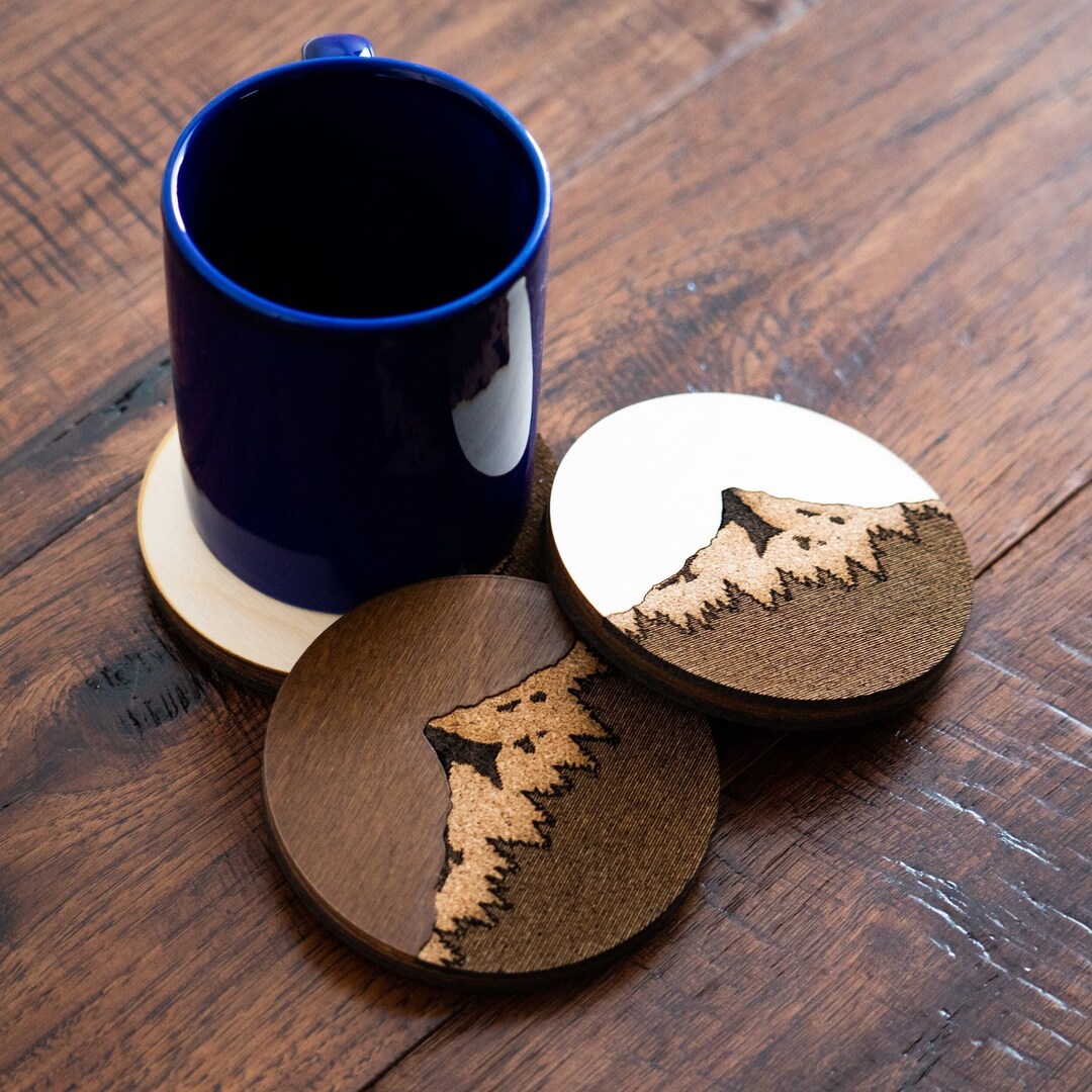 Mount Hood Coasters Set, Wood and Cork Coasters, Laser Engraved ...