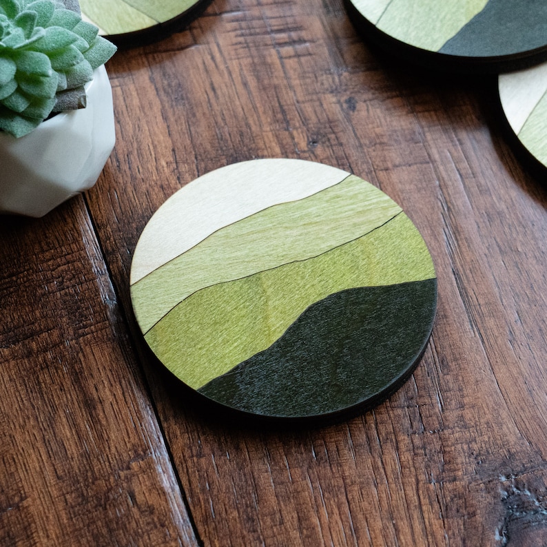 Green Wood Mountain Coasters Set Minimalist Coasters Nature Lovers Gift ...
