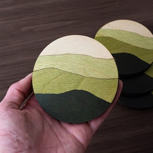 Green Wood Mountain Coasters Set | Minimalist Coasters | Nature Lovers ...