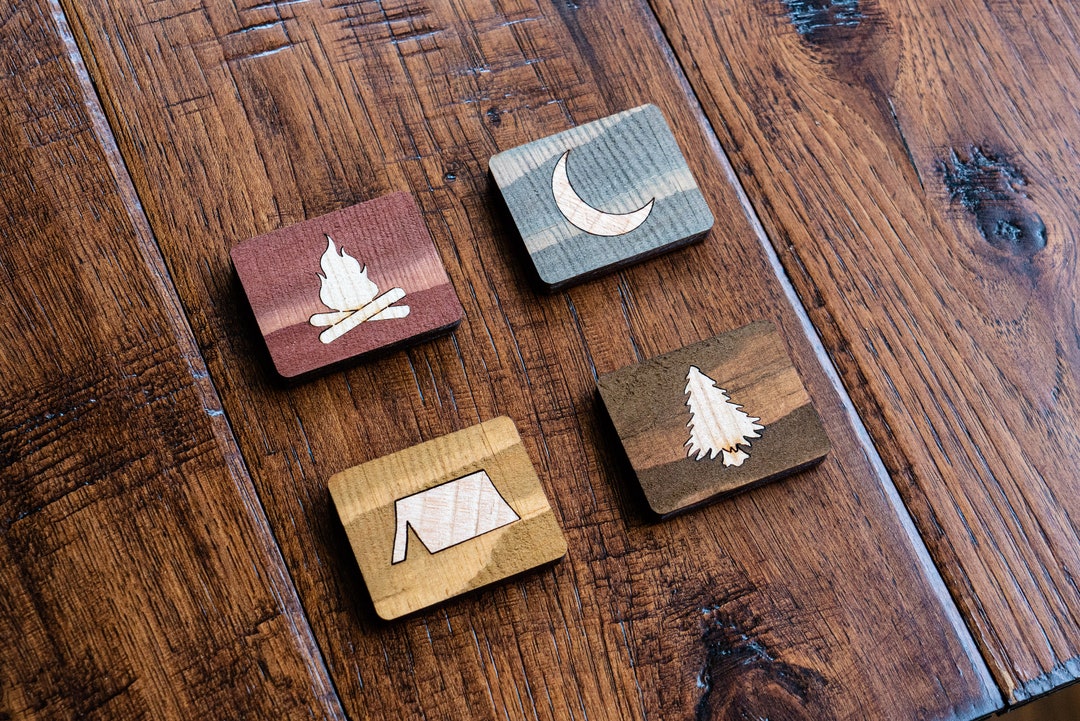 Camping Themed Wood Magnets Set of 4, Tree Campfire Tent and Moon ...