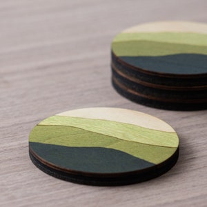 Green Wood Mountain Coasters Set | Minimalist Coasters | Nature Lovers ...