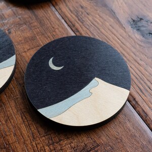 Sand Dune and Crescent Moon Wood Coasters Set | Minimalist Coasters ...