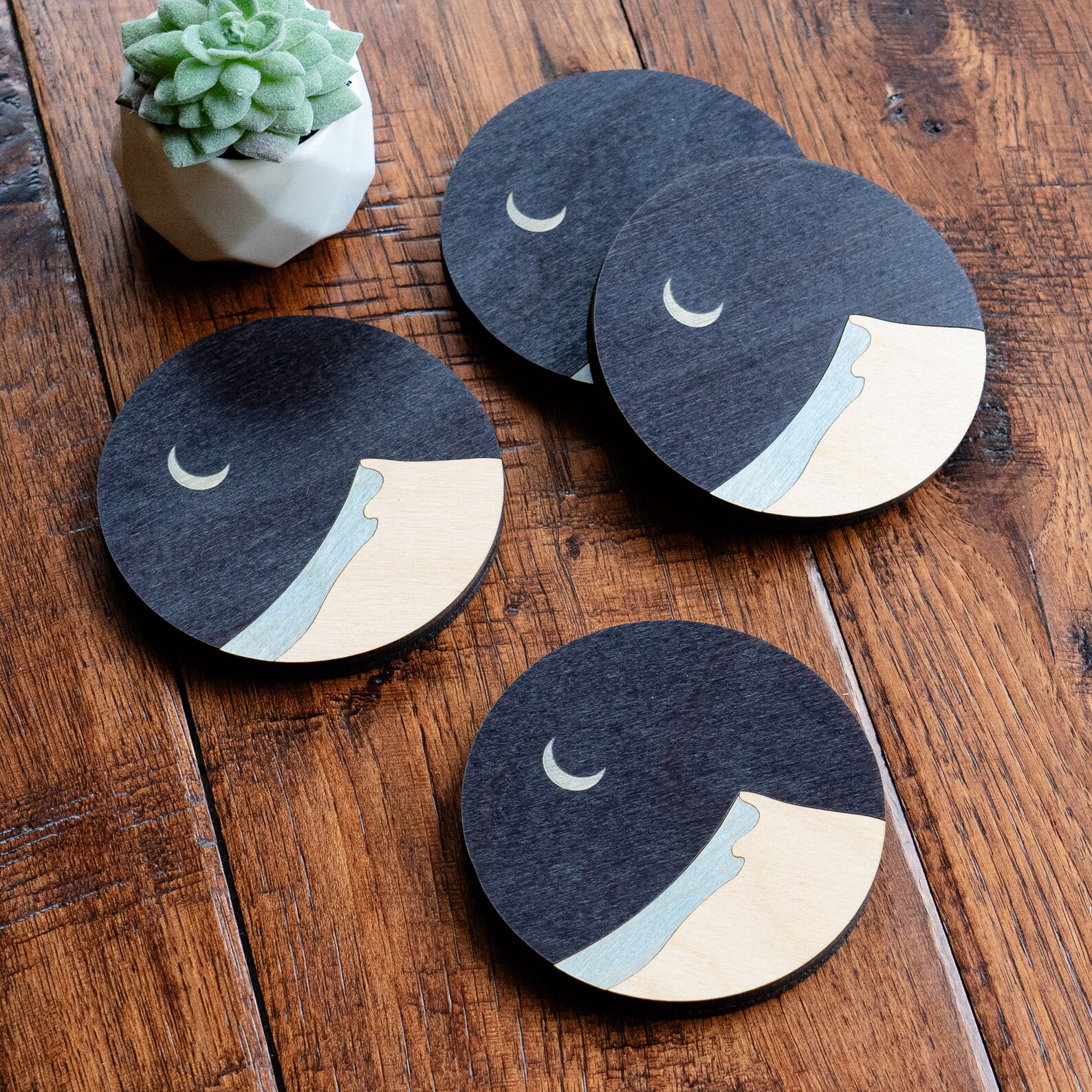Sand Dune and Crescent Moon Wood Coasters Set | Minimalist Coasters ...