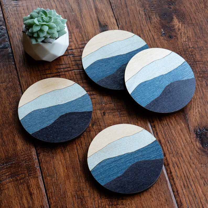 Blue Wood Mountain Coasters Set | Minimalist Coasters | Nature Lovers ...