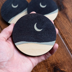 Night Sky Moon Wood Coasters Set | Minimalist Coasters | Desert Vibes ...