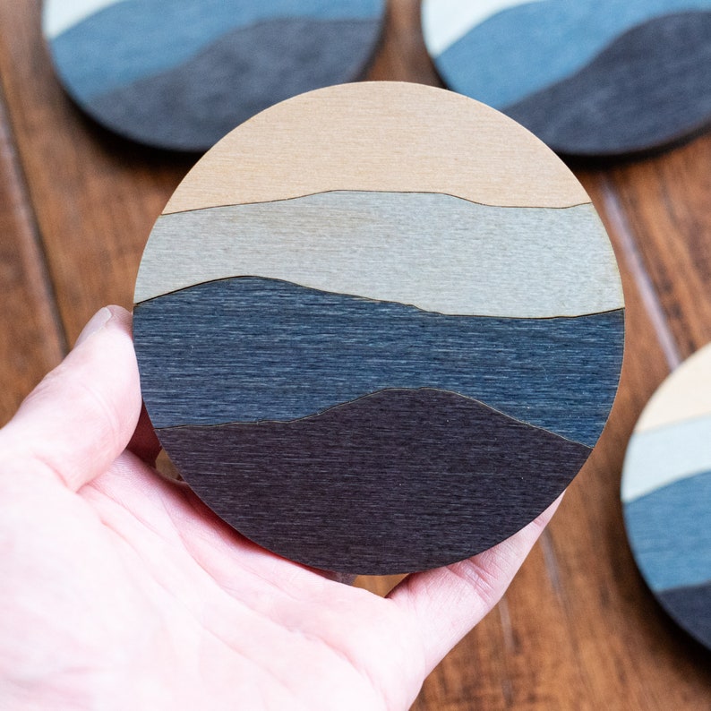 Blue Wood Mountain Coasters Set | Minimalist Coasters | Nature Lovers ...