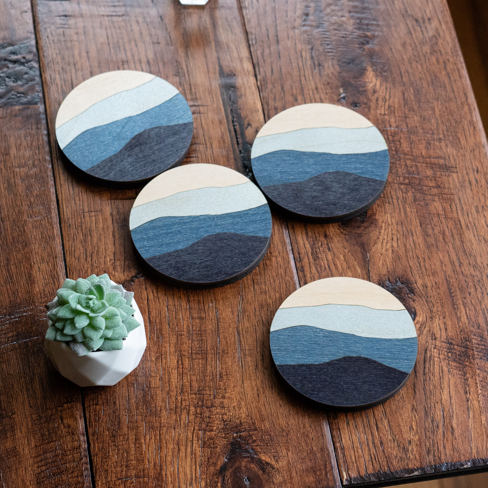 Blue Wood Mountain Coasters Set | Minimalist Coasters | Nature Lovers ...
