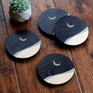 Night Sky Moon Wood Coasters Set | Minimalist Coasters | Desert Vibes ...