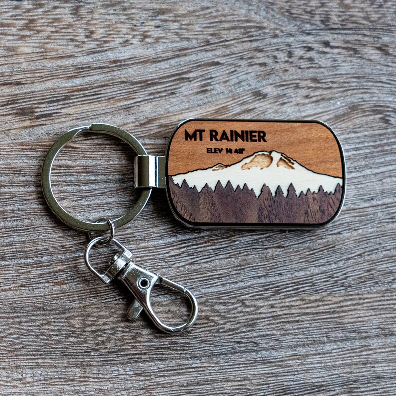 Mt Rainier Wood and Metal Keychain, Mountain Keychain, Seattle Gift for ...