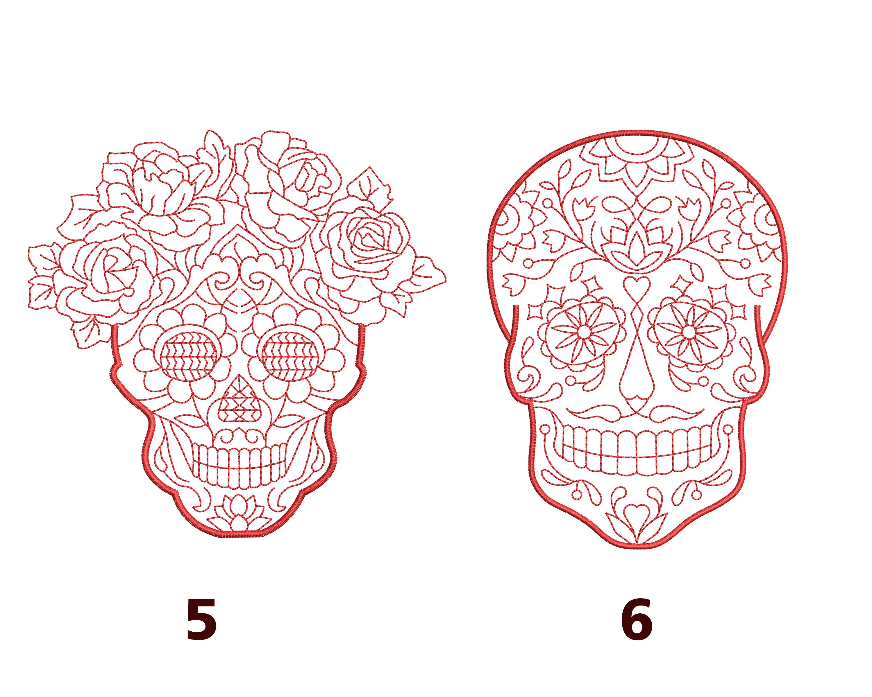 Sugar Skull Redwork Bundle Machine Embroidery Design 3 Sizes - Etsy
