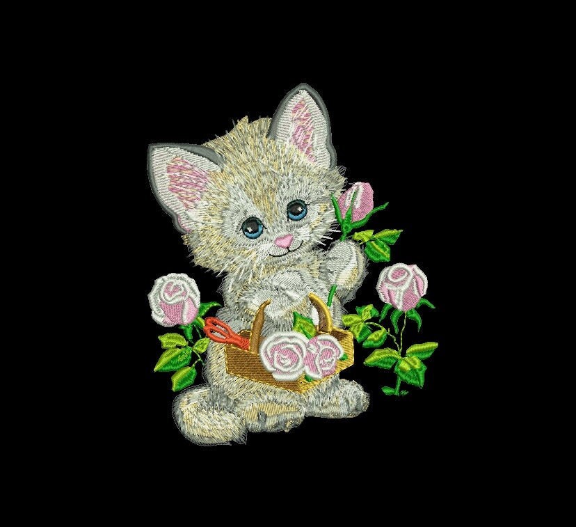 Kitty With Flowers Machine Embroidery Design Pes Dst Exp. | Etsy