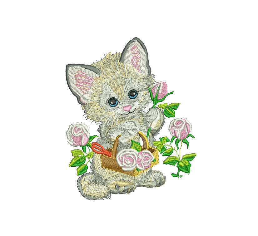 Kitty With Flowers Machine Embroidery Design Pes Dst Exp. | Etsy