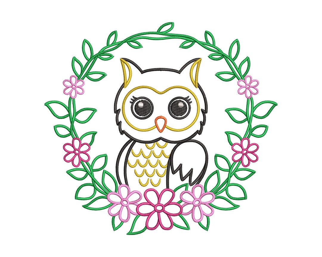 Owl Machine Embroidery Design 4 Sizes, Floral Wreath and Animal Pes ...
