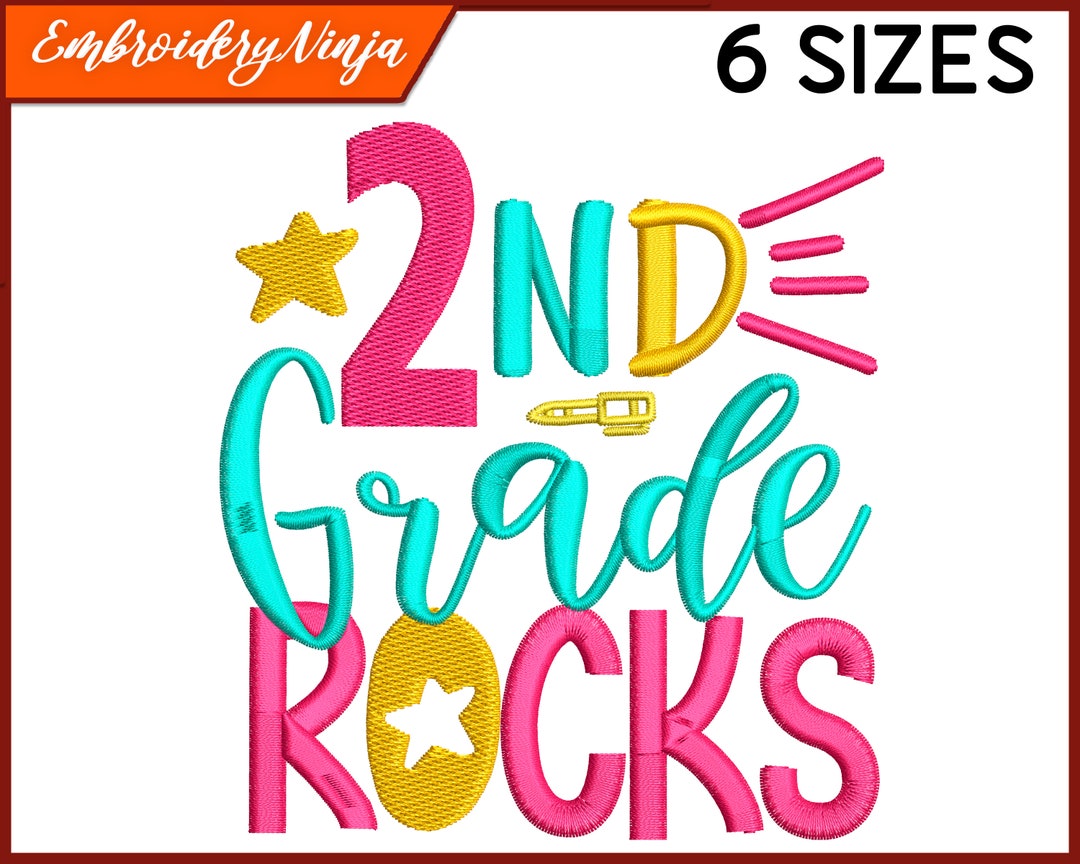 2nd Grade Rocks School Embroidery Design 6 Sizes, Back to School Saying ...