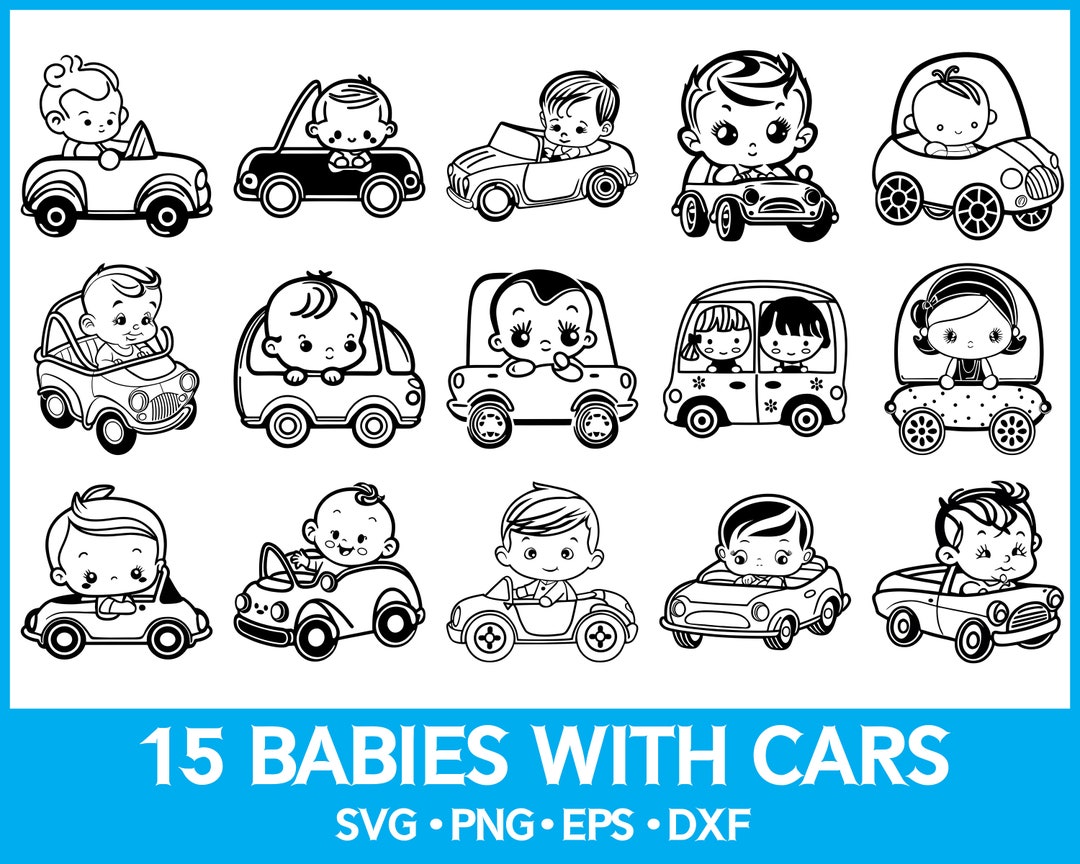 BABY IN CAR Svg Bundle, 15 Cute Babies With Vehicles, Cartoon Kids ...