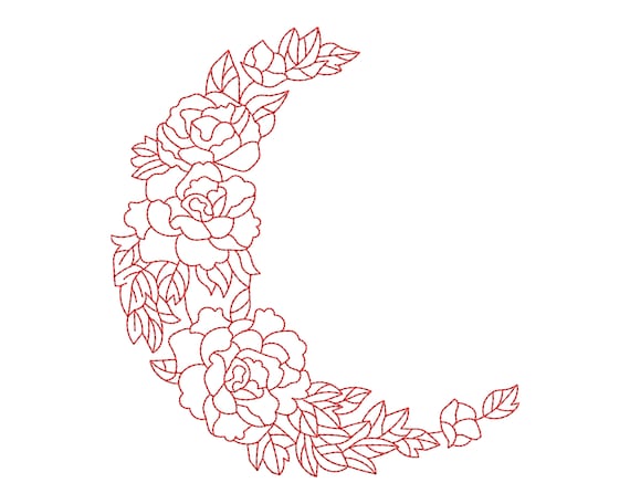Floral Moon Redwork Machine Embroidery Design 3 Sizes - Etsy