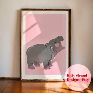 Moo Deng Art Print | Baby Hippo Wall Art | Pink Animal Wall Decor ...