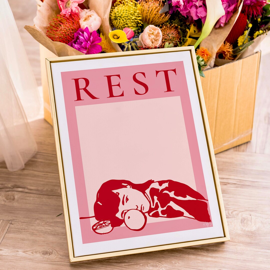 One Line Sleepy Female Art Print Continues Line Art Print Pink & Red ...