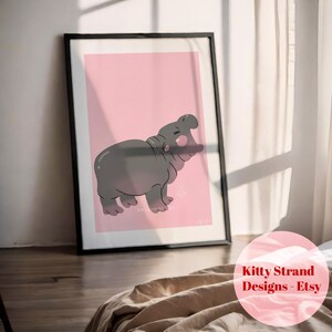 Moo Deng Art Print | Baby Hippo Wall Art | Pink Animal Wall Decor ...