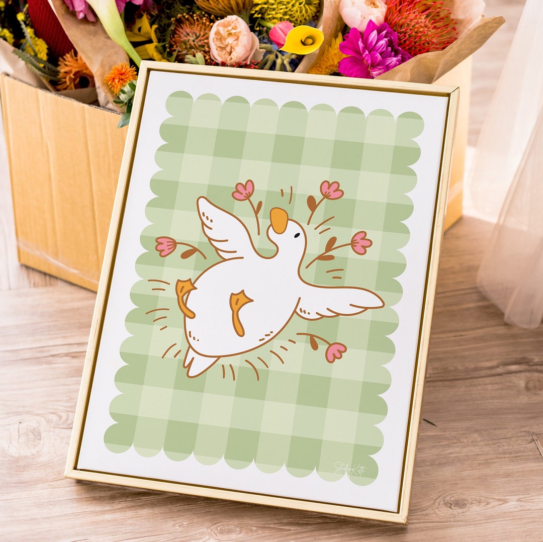 Printable Silly Goose Art Print - Digital Duck Art - Green Gingham Art ...