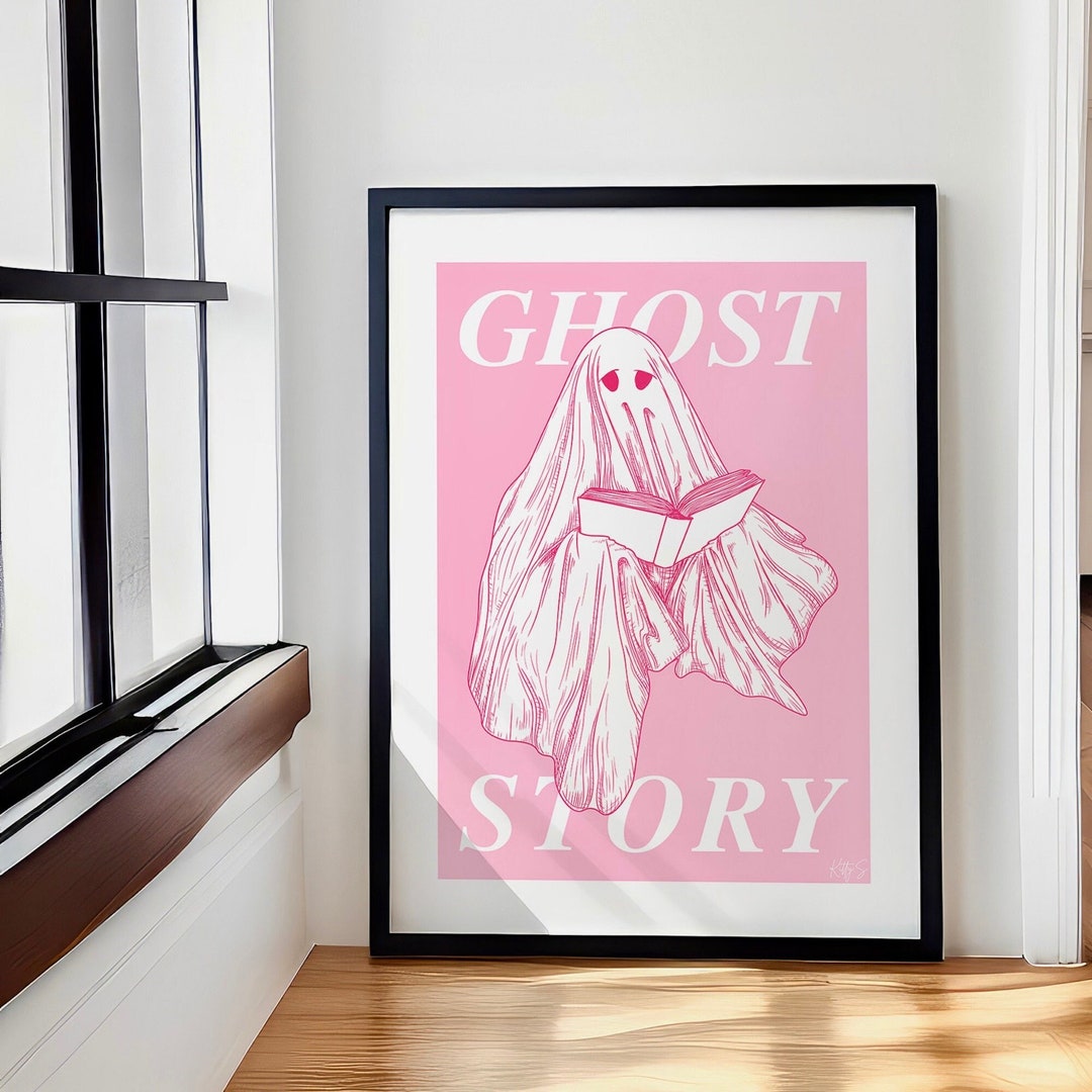 Pink Ghost Halloween Art Print Pink Halloween Art Reading Ghost Art ...