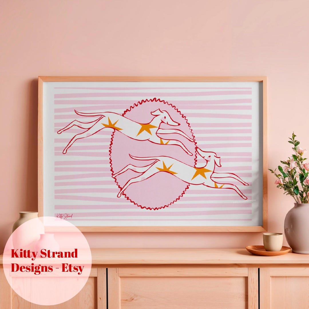 Pink Whippet Art Print: Retro Dog Portrait, Maximalist Decor - Etsy
