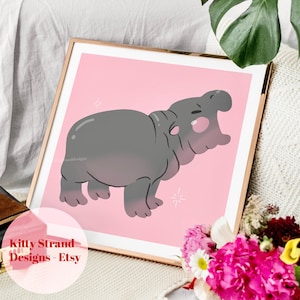 Moo Deng Art Print | Baby Hippo Wall Art | Pink Animal Wall Decor ...