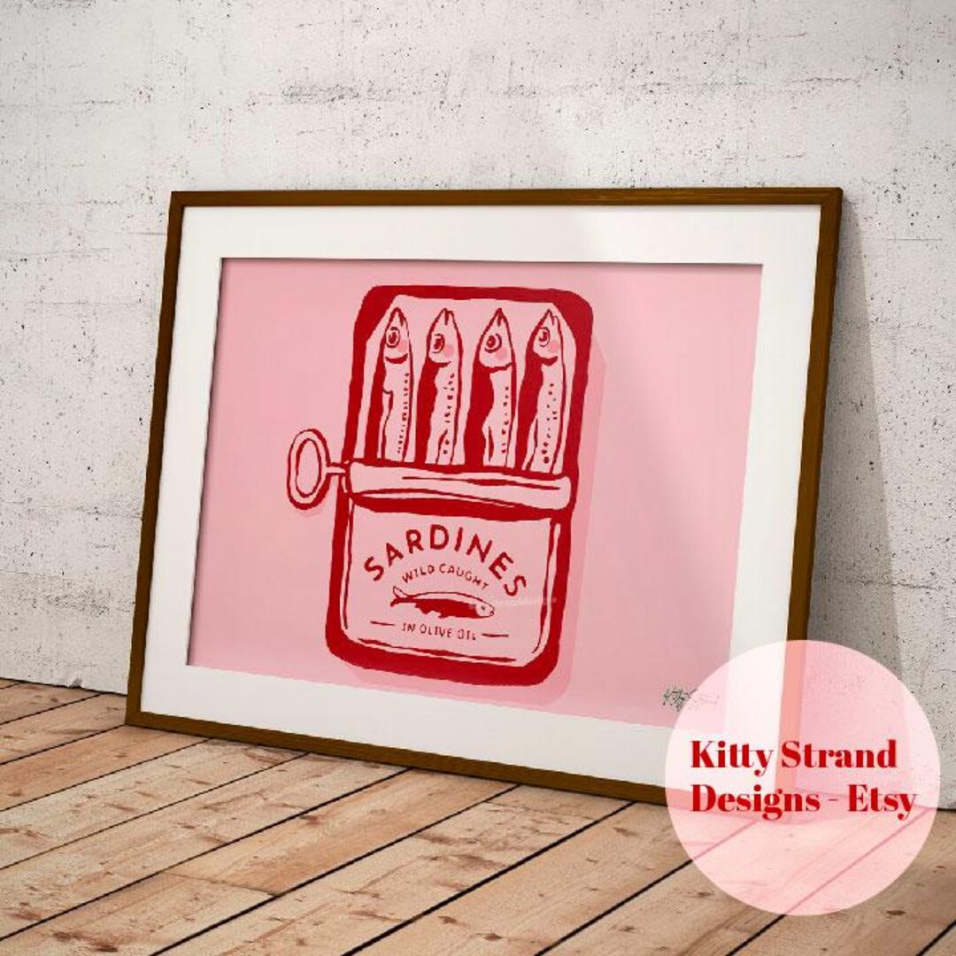 Pink Sardines Art Print: Retro Kitchen Wall Decor (printable Digital ...