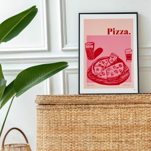 Pizza Art Print | Pink & Red Kitchen Wall Art | Line Art Print ...