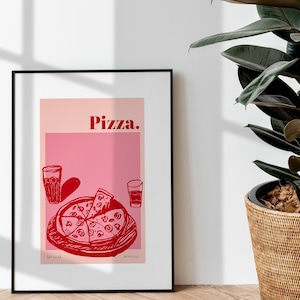 Pizza Art Print | Pink & Red Kitchen Wall Art | Line Art Print ...