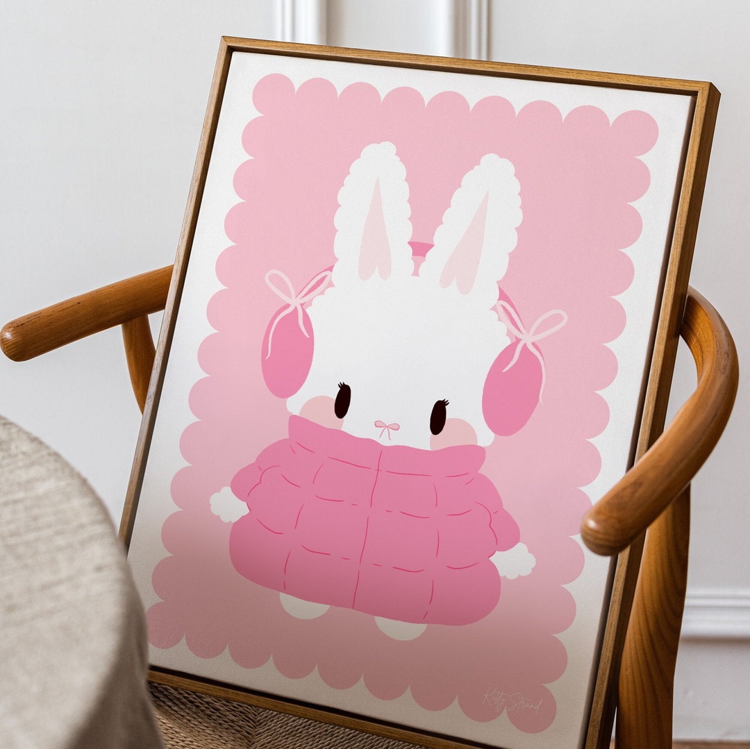 Pink Bunny Art Print | Bunny Aesthetic Art | Winter Wall Art | Girly ...