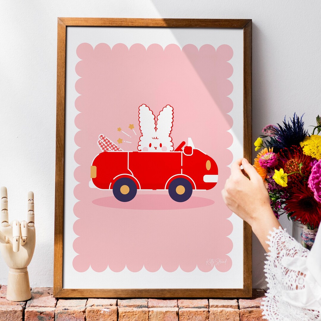 Pink Bunny Art Print | Cute Kawaii Wall Art | Rabbit Art Print | Kids ...