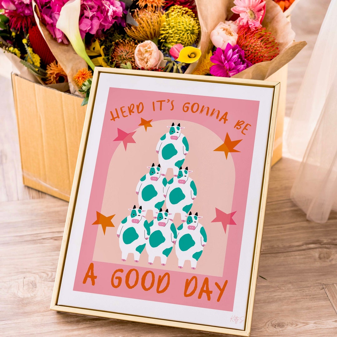 Printable Cow Art Print Instant Download Joyful Pink and Orange Art ...