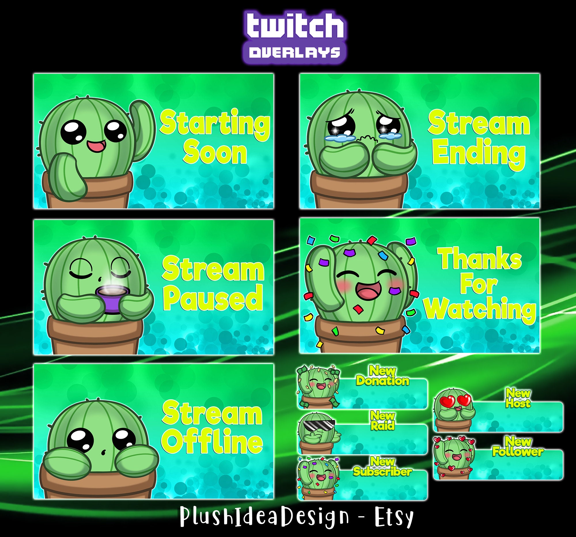 Twitch Screens, Alerts and Overlays Pack - Cactus, Cute Cactus, Kawaii ...
