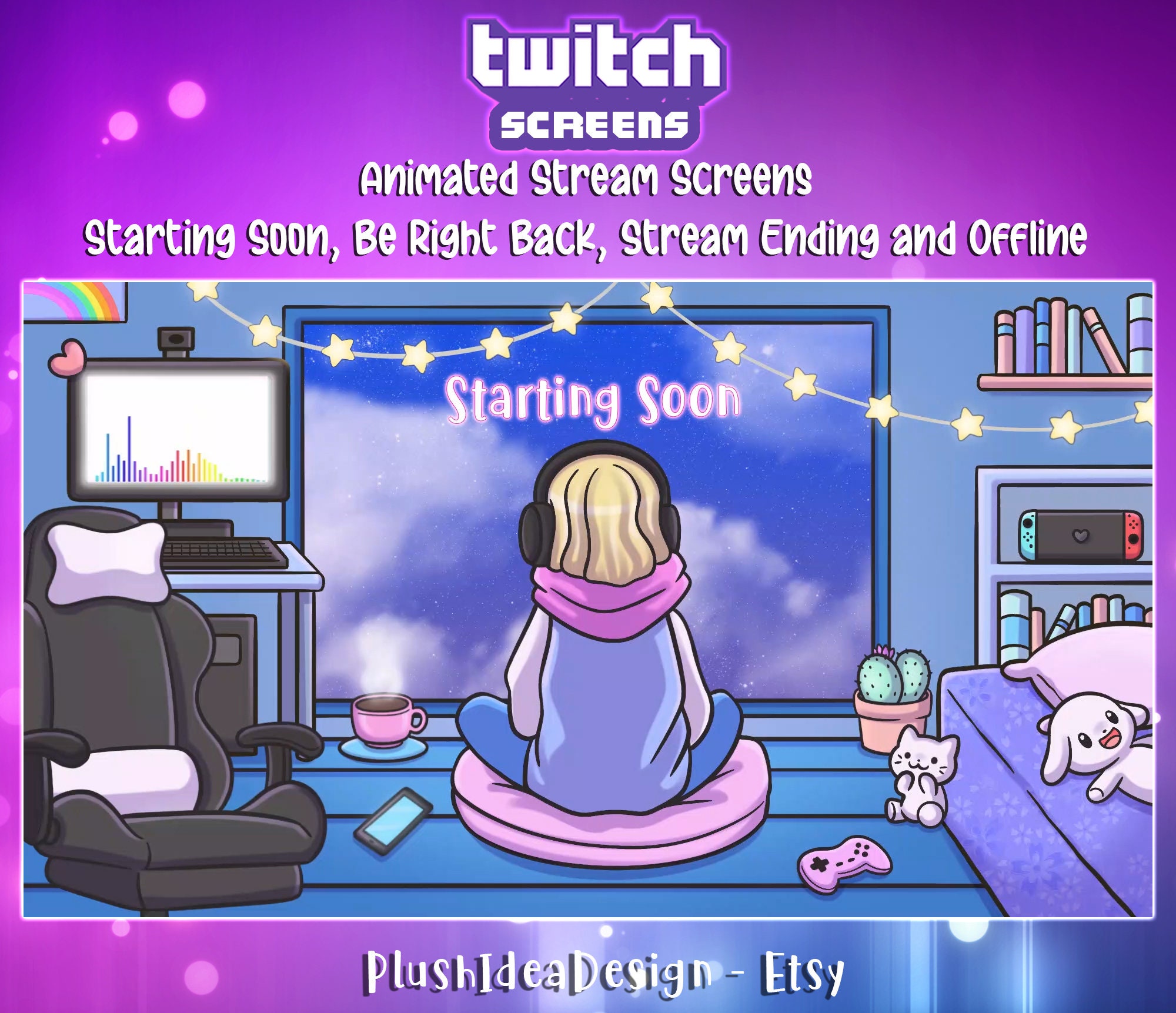 Animated Twitch Overlay, Stream Screens Scenes: Cute Blonde Hair Girl ...
