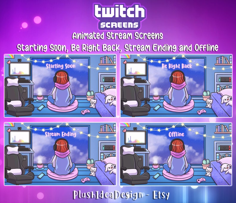 Animated Twitch Overlay Stream Screens Scenes: Cute Red Hair - Etsy