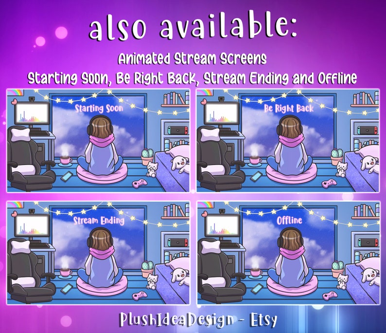 Animated Twitch Overlay, Stream Screens Scenes: Cute Black Hair Girl ...