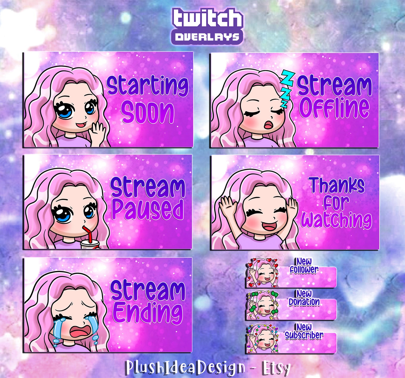 Twitch Screens, Alerts and Overlays Pack - Custom Cute Pink Curly Girl ...