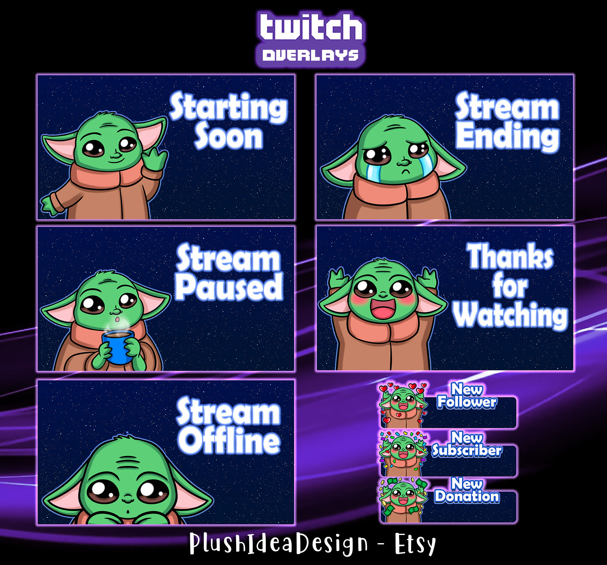 Twitch Screens, Alerts and Overlays Pack Baby Yoda, Cute Yoda, Pastel ...