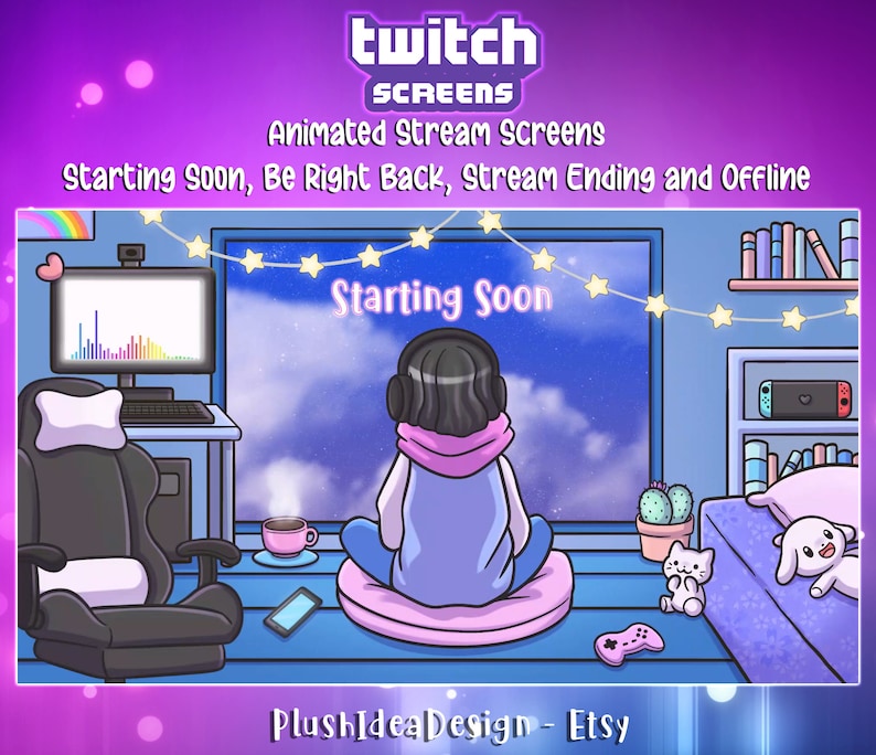 Animated Twitch Overlay, Stream Screens Scenes: Cute Black Hair Girl ...
