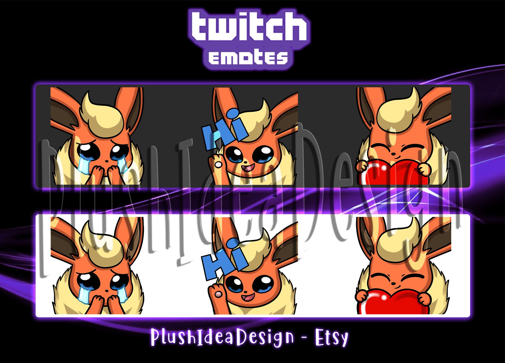 Flareon Heart Cry Sigh Hi Waving 3 Twitch Sub Emotes | Etsy