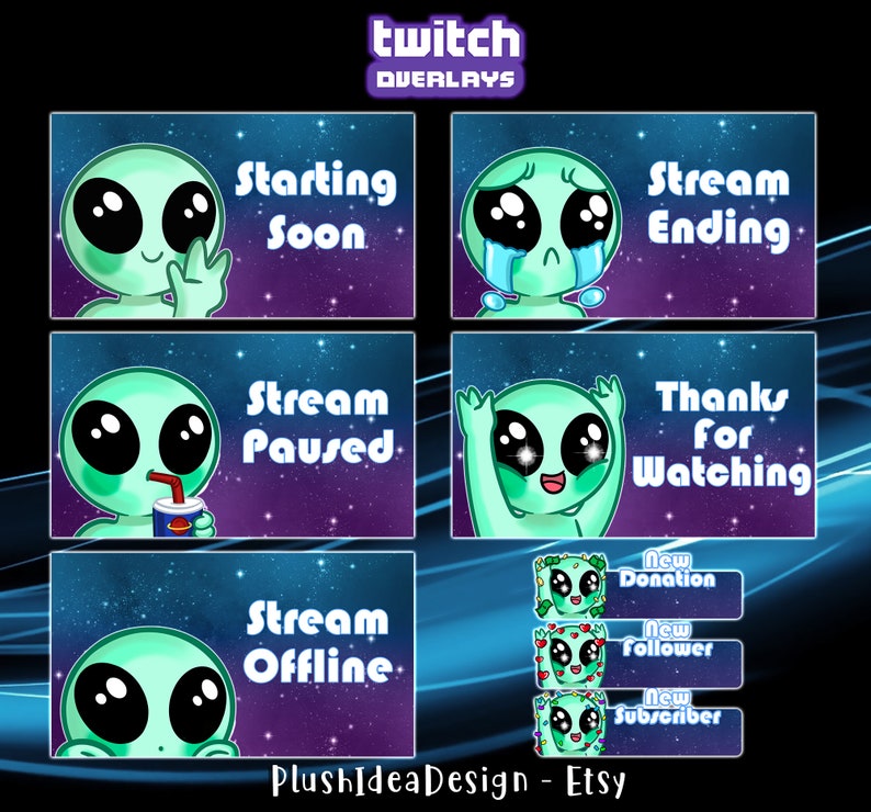 Twitch Screens, Alerts and Overlays Pack - Cute Alien - Graphics for ...