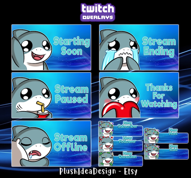 Twitch Screens, Alerts and Overlays Pack - Cute Shark, Kawaii Shark ...
